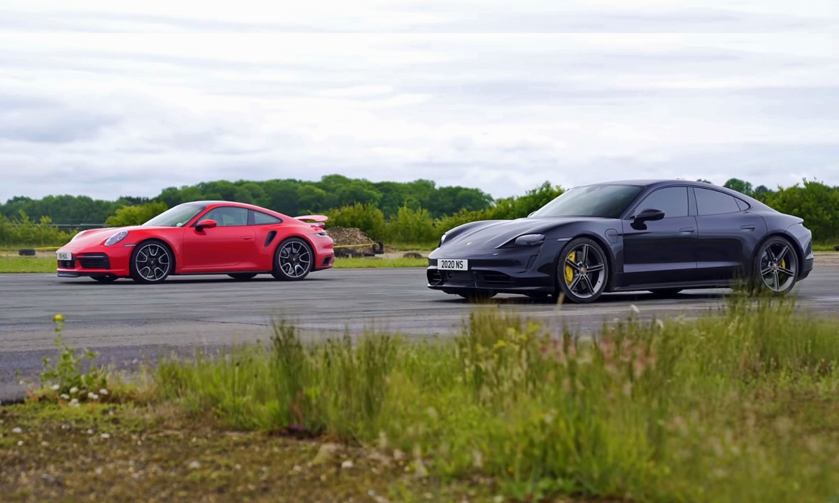 Porsche drag race between a 911 Turbo S and Taycan Turbo S